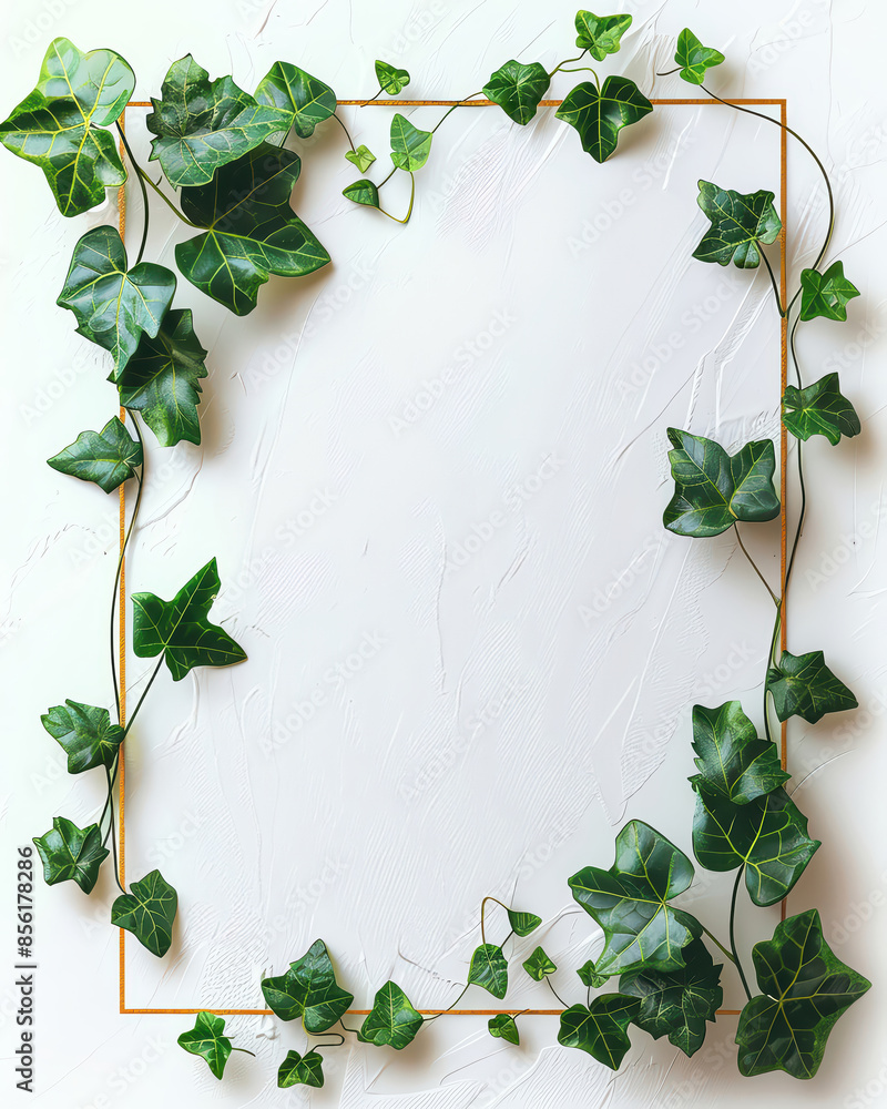 Elegant green ivy frame on white textured background creating natural ...