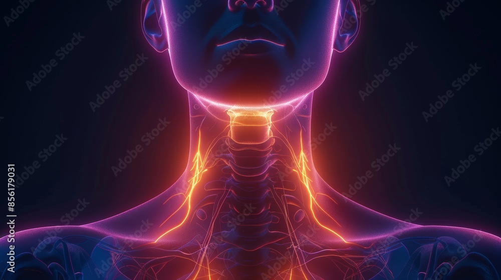 Futuristic anatomical illustration of the human neck with glowing ...
