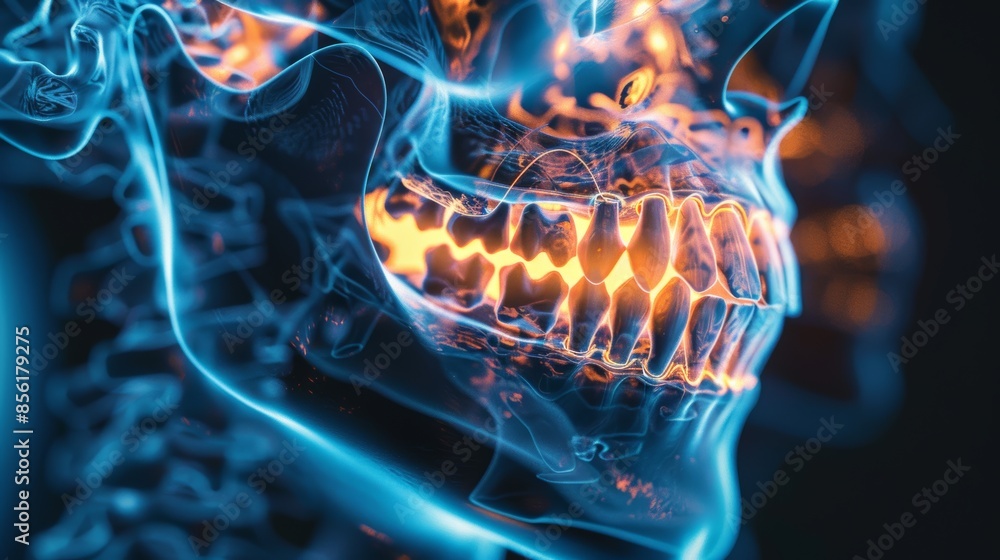 Futuristic digital art of a human skull with glowing blue lines and ...