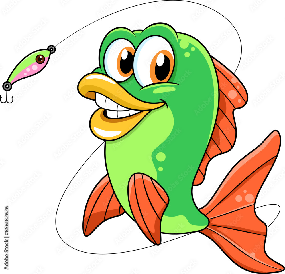 Cute Fish Cartoon Character Catching The Fishing Lure. Vector Hand ...