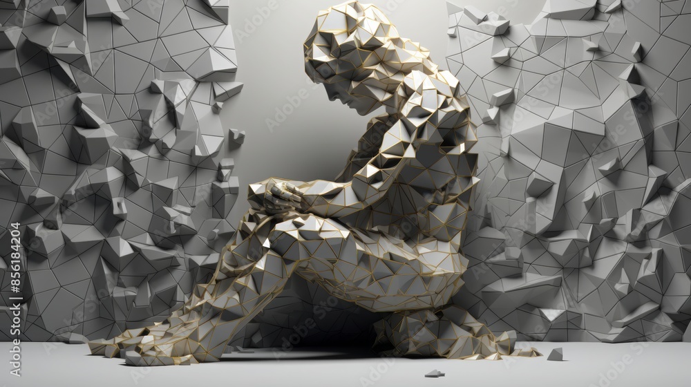 Abstract sculpture of a polygon-studded person in a pose that depicts ...