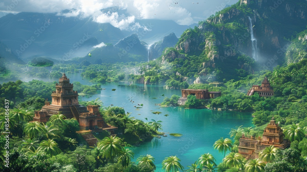 An enchanting fantasy landscape unfolds, where lush, verdant forests ...