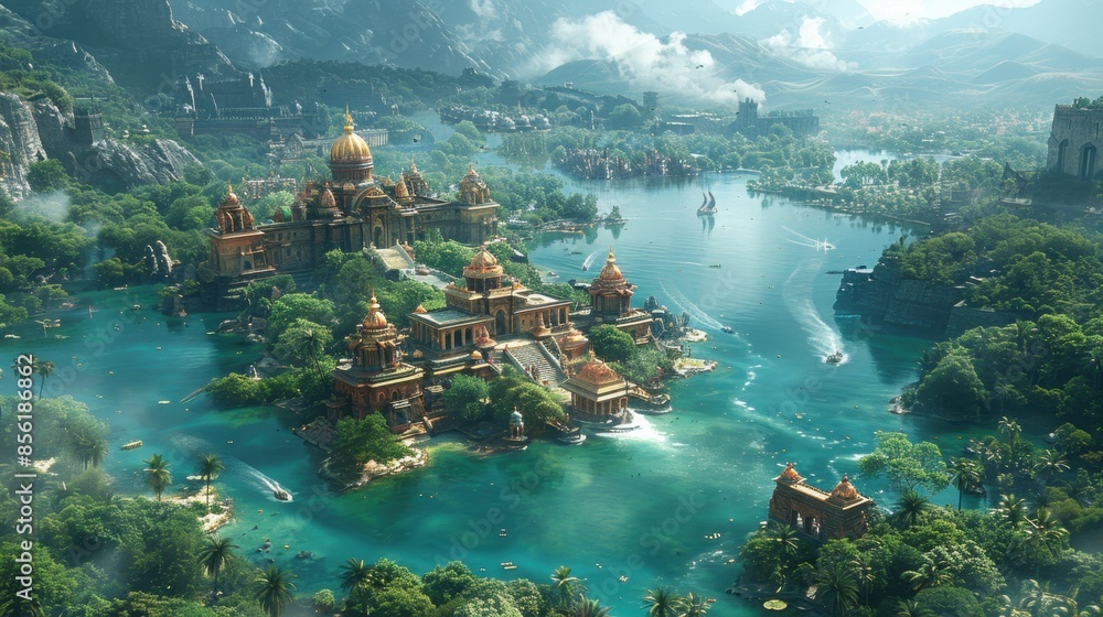An enchanting fantasy landscape unfolds, where lush, verdant forests ...