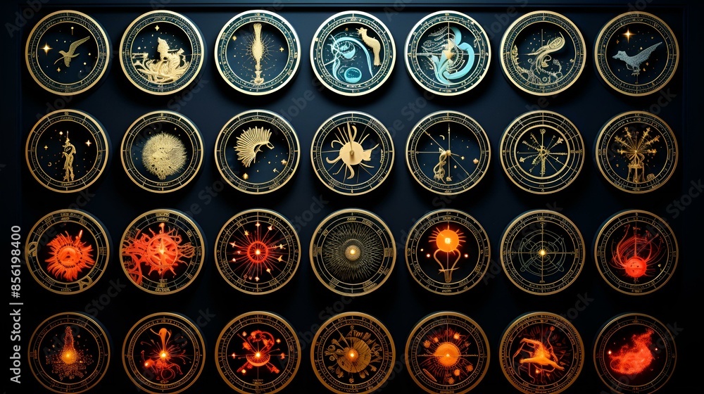 Clock faces with symbols representing different time zones and ...