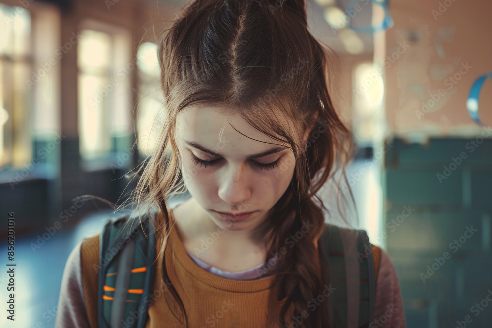 sad cute teenage girl crying in school corridor Stock Photo | Adobe Stock