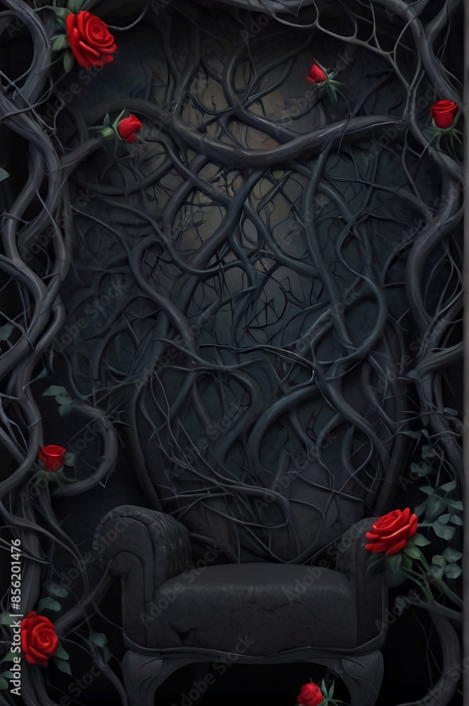 Black gothic background in Black throne with Red roses and vines ...