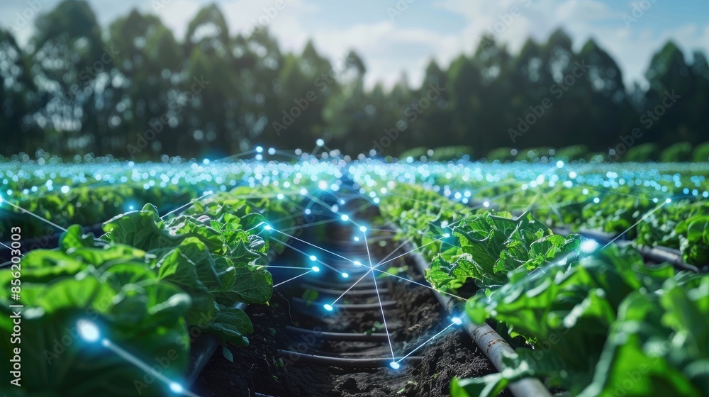 A high-tech farm with rows of crops, each with floating data points ...