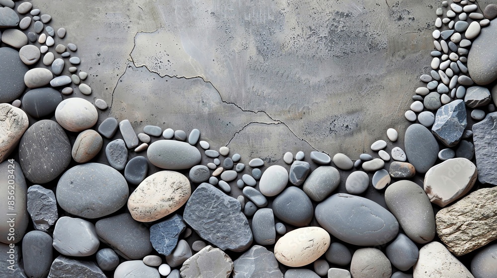 A border of smooth, gray river rocks surrounds a rough, gray surface ...