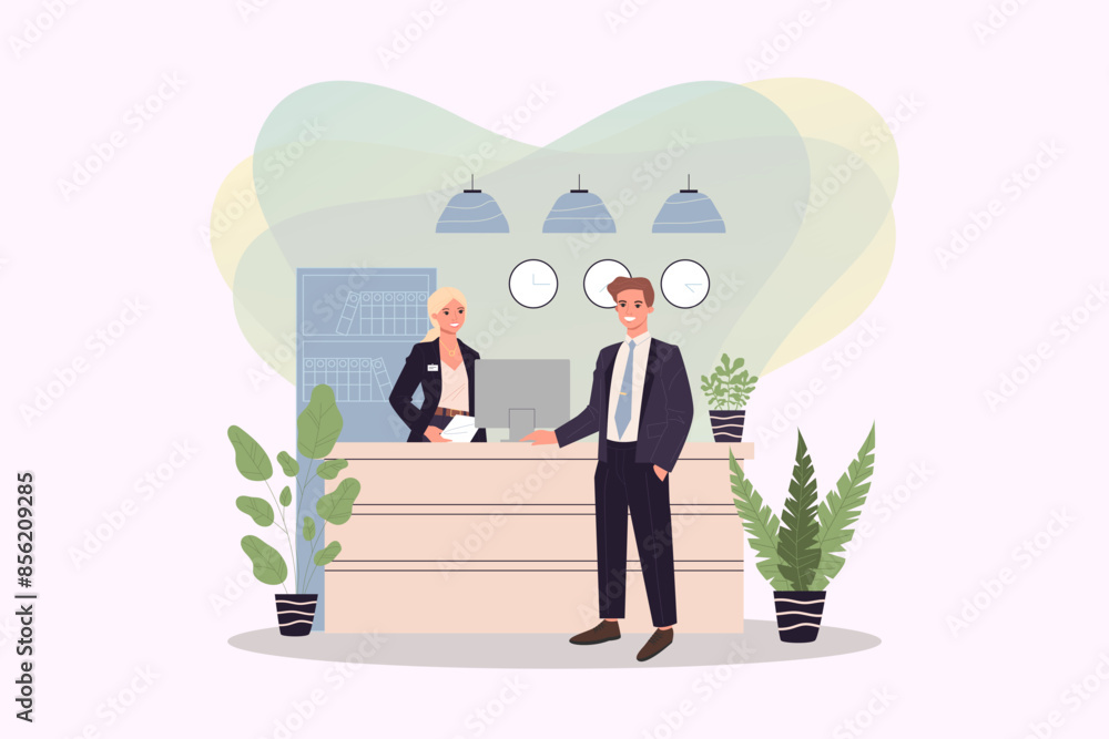 Office reception interior vector illustration. Male customer talking to ...