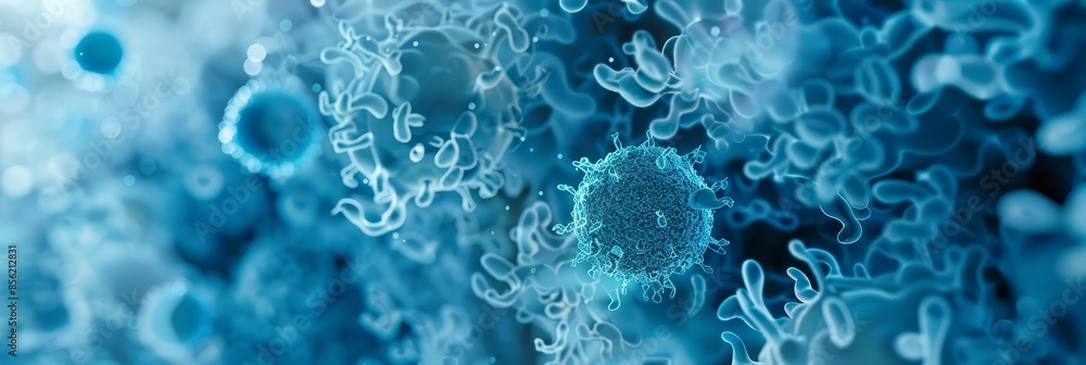 Closeup of microscopic virus particles in shades of blue,representing a ...