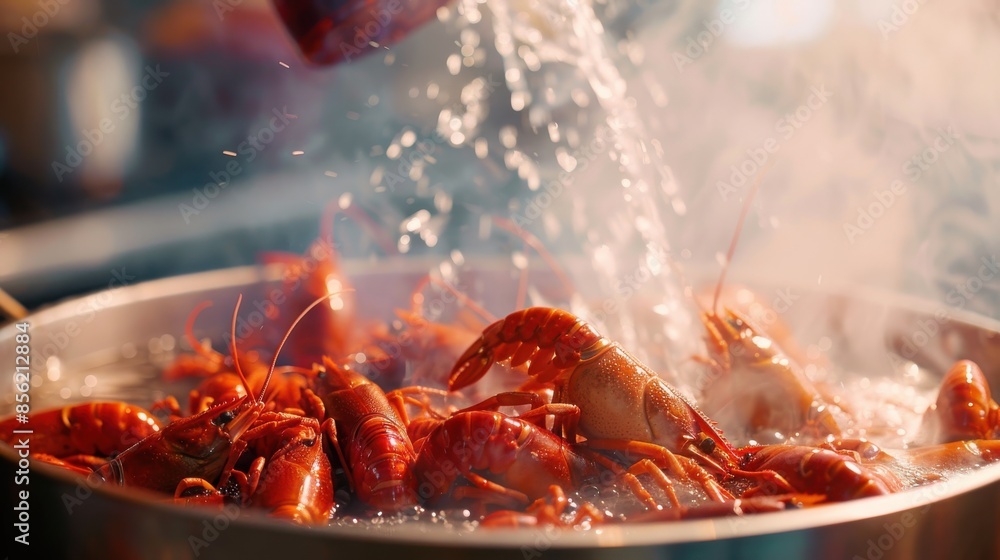Pot of boiling water with multiple crayfish, also known as crawfish or ...