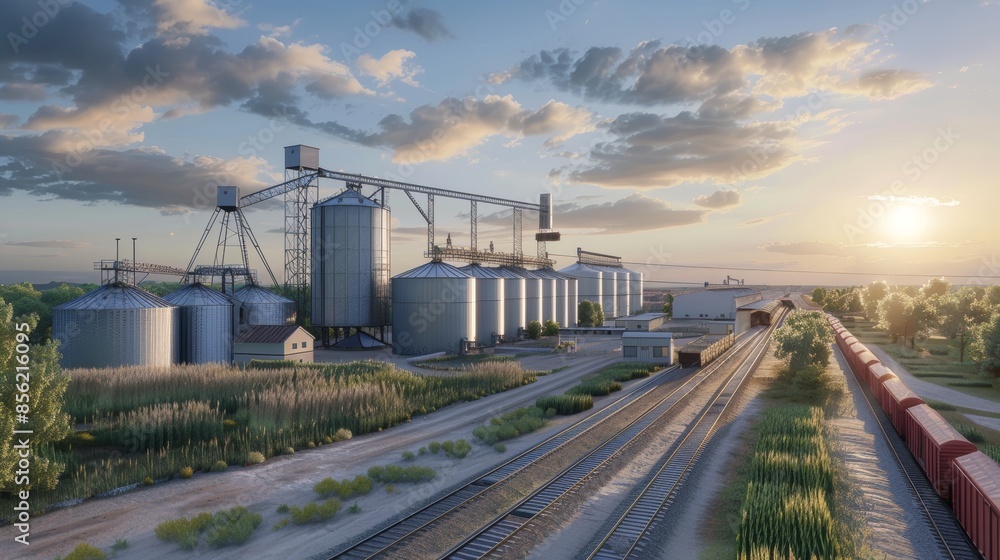Grain Storage Facility with Silos and Drying Units at Sunset for ...