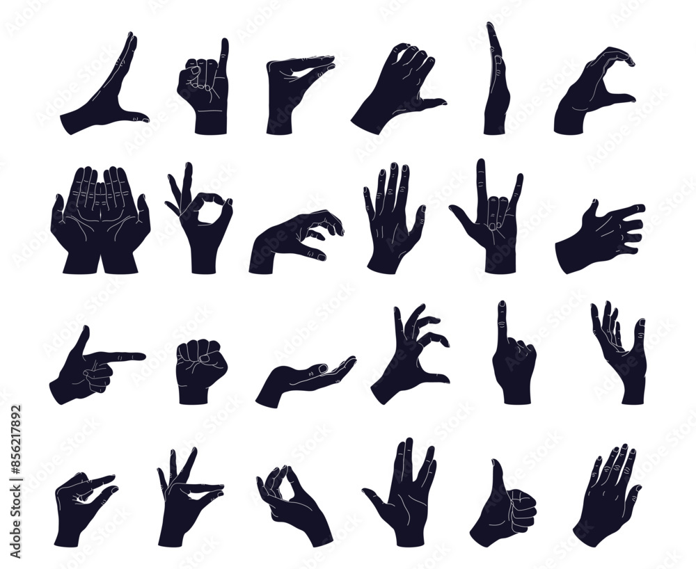 Set of different hand gestures silhouettes. Gesturing like okay sign ...