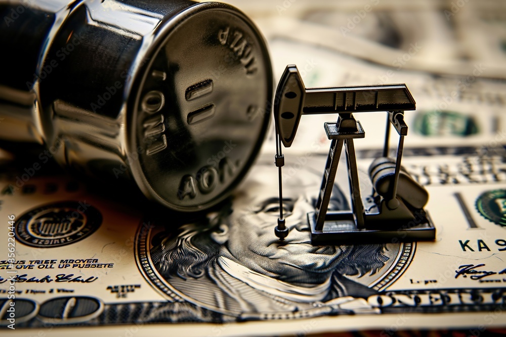 Oil rig and barrel over the 100 us dollar bill. Crude oil, fuel and ...