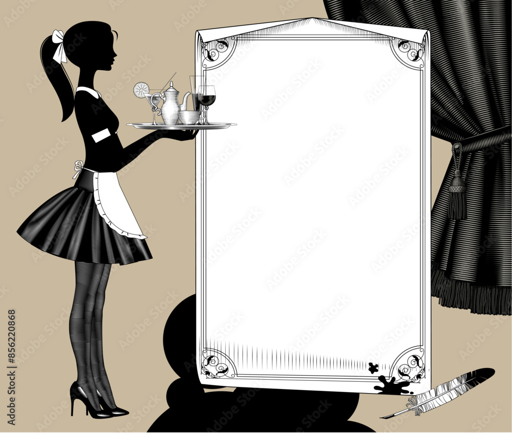 An artistic menu template with a young waitress holding a tray of ...