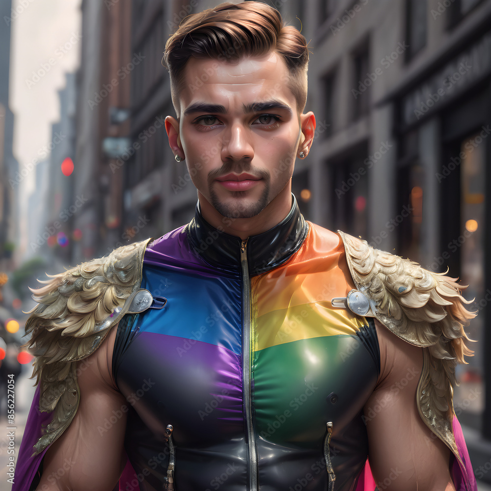 Un atractivo modelo posa con un atuendo peculiar para el pride Stock ...