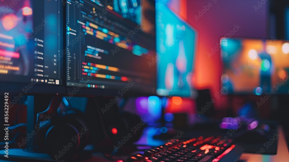 vibrant gaming setup with multiple monitors displaying colorful code ...