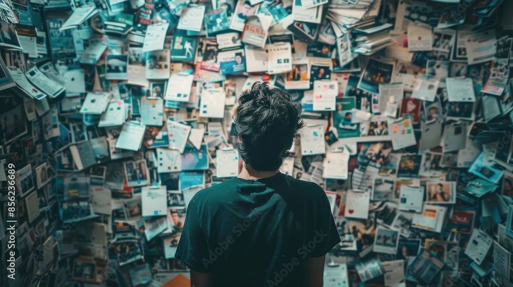 Overwhelmed person in a sea of screens showing social media feeds, news, and messages ...