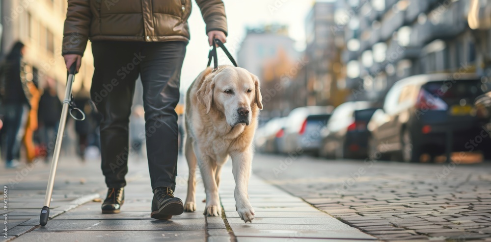 Person with visual impairment walking confidently with guide dog and ...