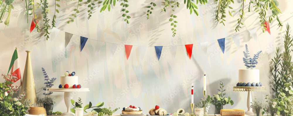 Bastille Day background with a classic French garden party, featuring ...