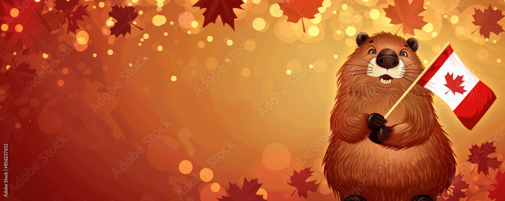Canada Day background with a detailed illustration of a Canadian beaver ...