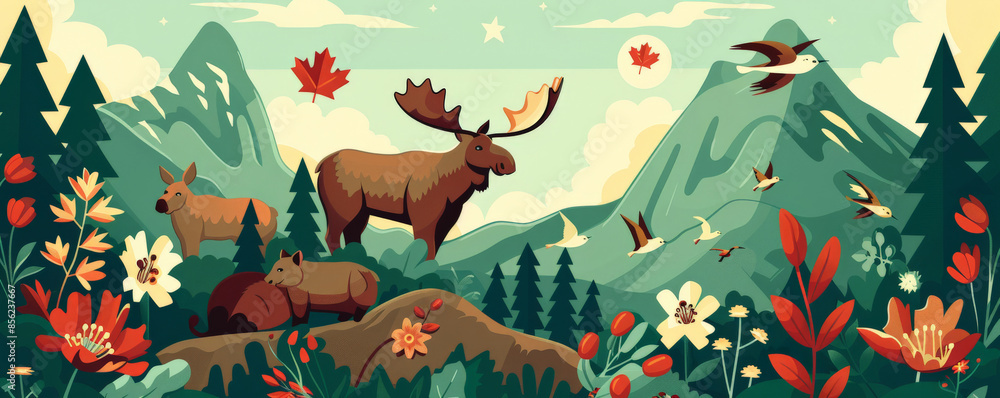 Canada Day background with a detailed illustration of iconic Canadian ...