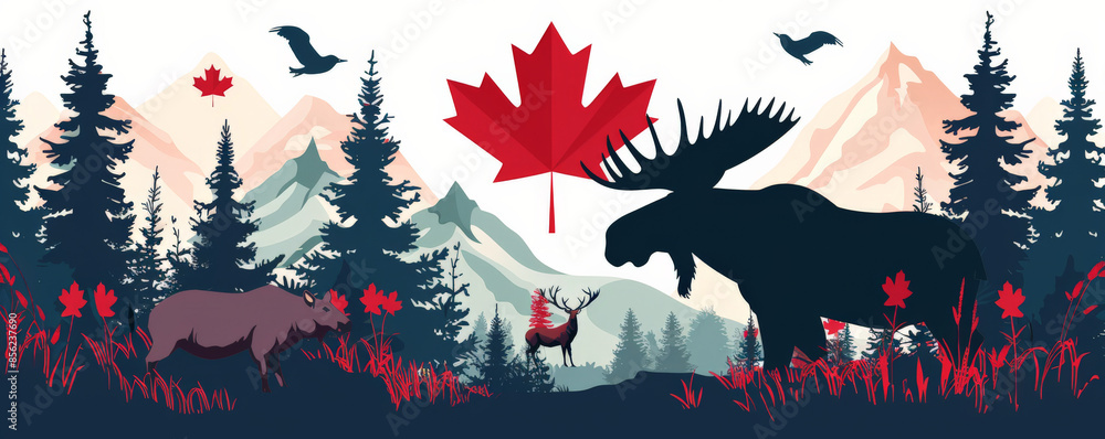Canada Day background with a detailed illustration of iconic Canadian ...