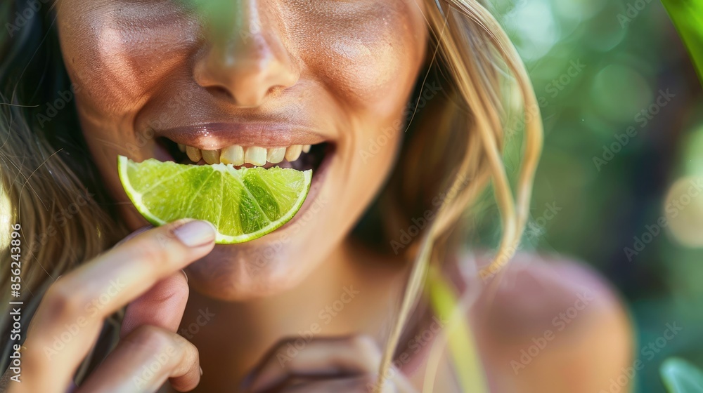 With a smile, she takes a bite of the sour lime, feeling happy as the ...
