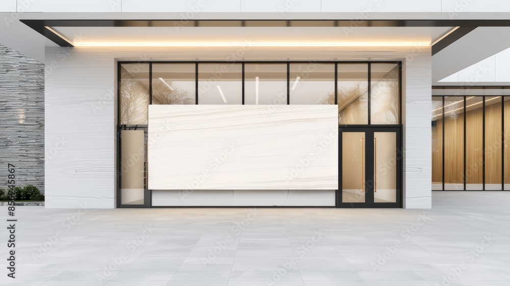Stylish retail store facade featuring a horizontal sign, spacious empty ...