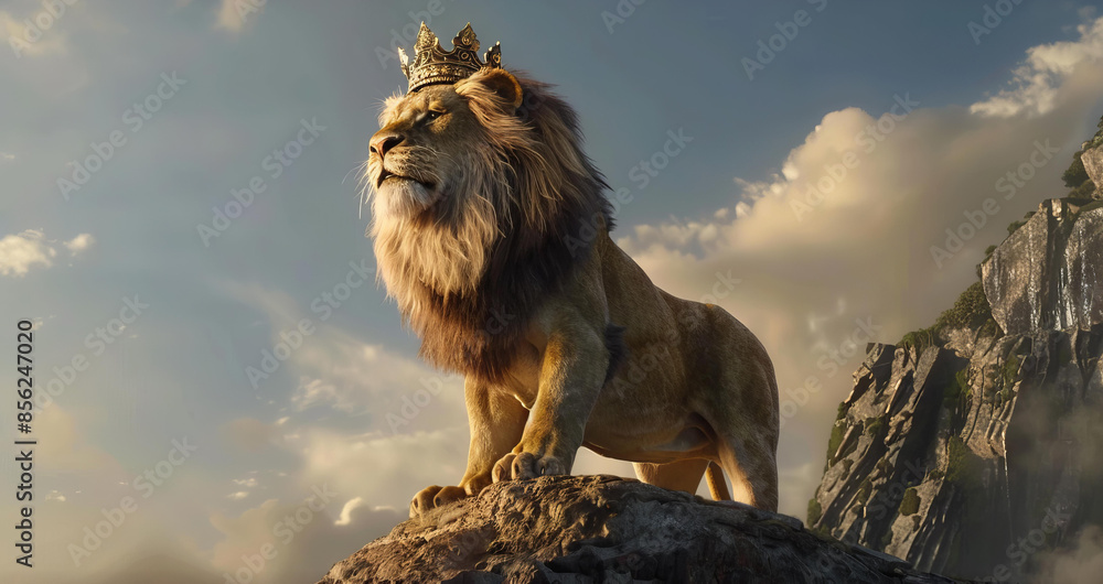 Majestic lion king with crown. Proud lion wearing a crown, standing on ...