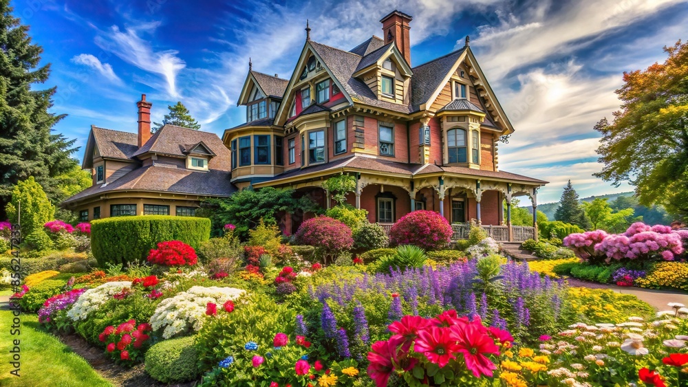 Victorian mansion with enchanting garden filled with colorful blooming ...