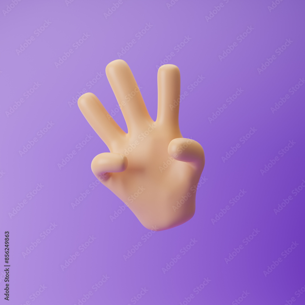 Yellow emoji hand showing three fingers counting isolated over purple ...