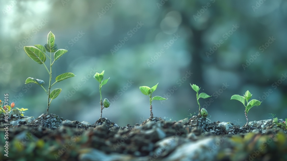 Plant development depicted through sequential images against a natural ...