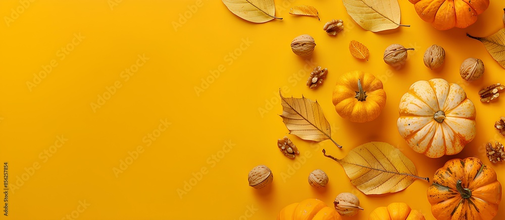 Autumn yellow background with leaf litter, walnuts and pumpkins. Fall ...