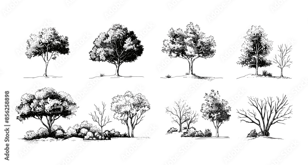 Vector illustration in minimal sketch style, side view of CAD tree line ...
