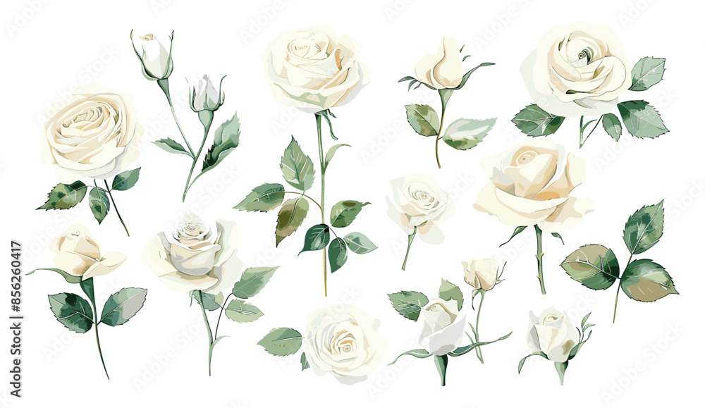 white roses watercolor illustration set, hand drawn, isolated white ...