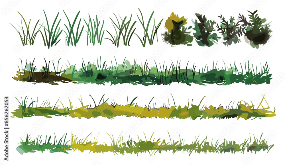 Hand drawn watercolor set of grass line cad and silhouettes isolated on ...