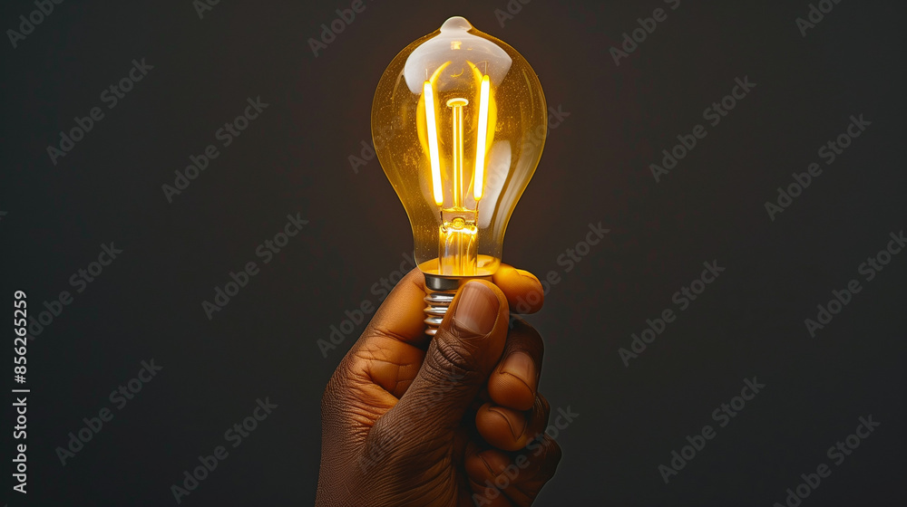 Black african american hand holding old type light bulb glowing with ...