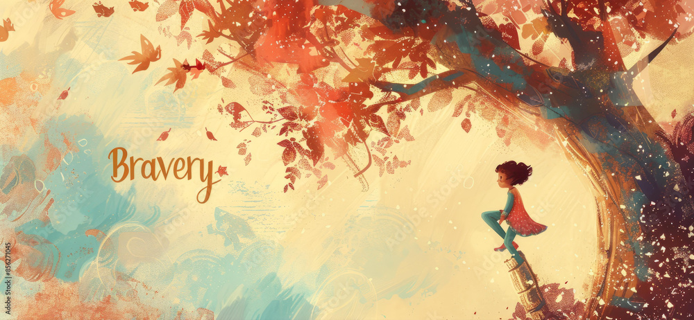 Brave young girl on a tree stump. Whimsical illustration of a brave ...