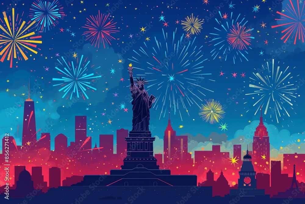 dynamic 4th of July fireworks display over a city skyline, with iconic ...