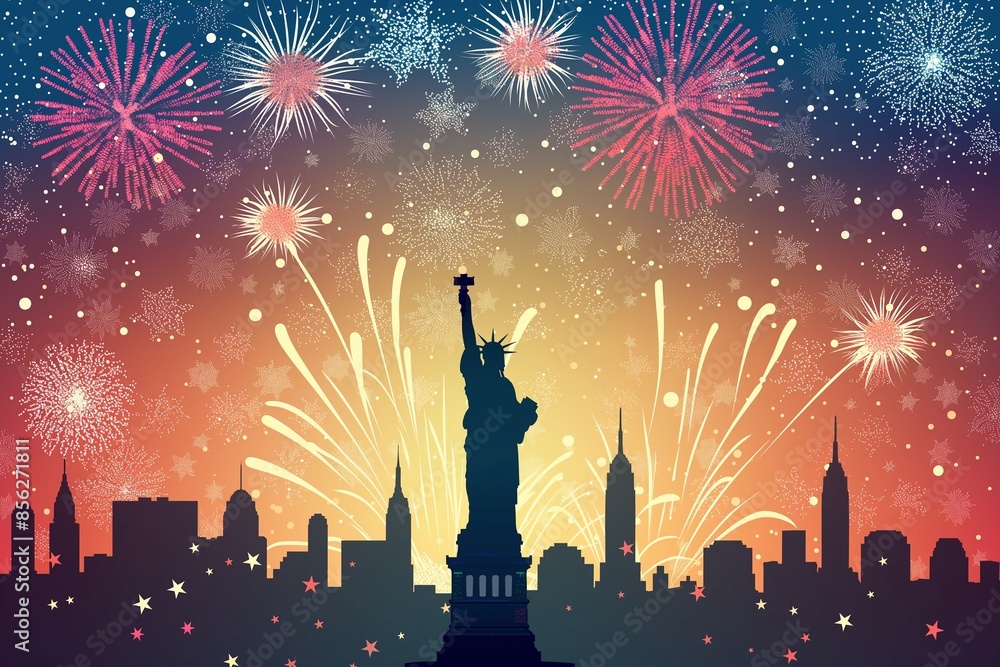 dynamic 4th of July fireworks display over a city skyline, with iconic ...