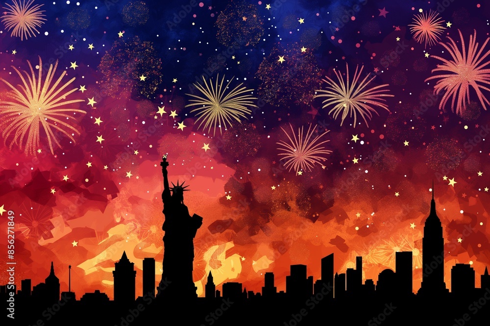 dynamic 4th of July fireworks display over a city skyline, with iconic ...