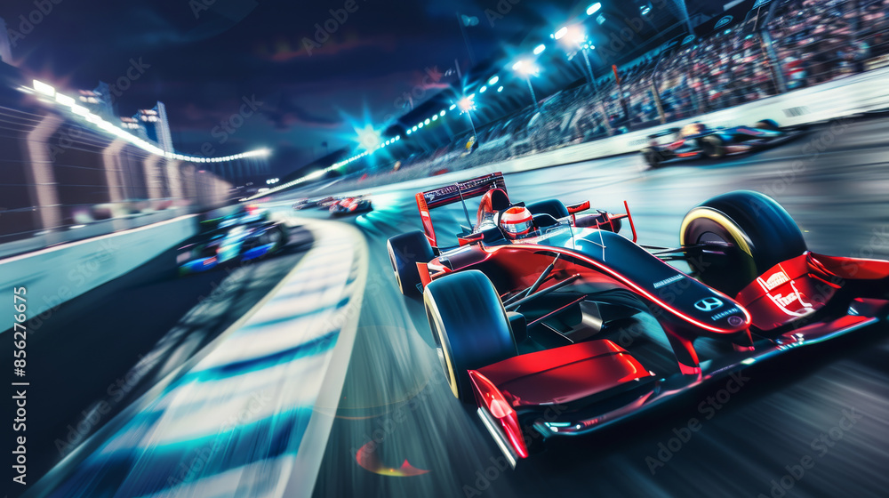 Formula 1 race cars blaze around a bend in a brightly lit circuit at ...