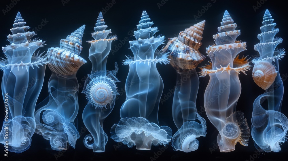X-ray scan of a collection of seashells, revealing the shapes and ...