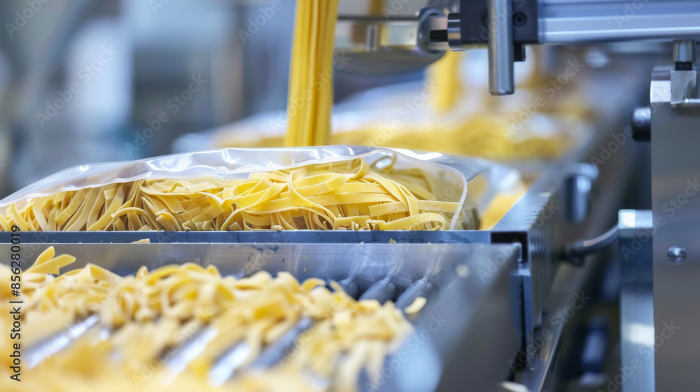 Fresh pasta being packaged in a transparent container, highlighting the ...