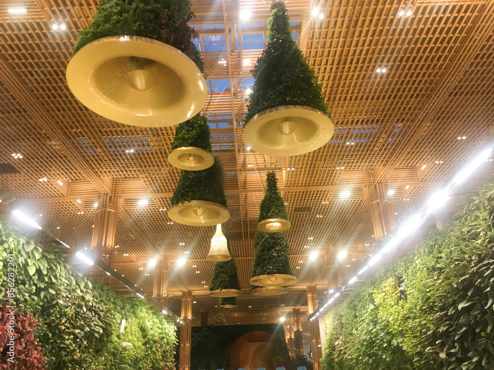Hanging Green Bell Installation with Lights and Engineered Bamboo ...