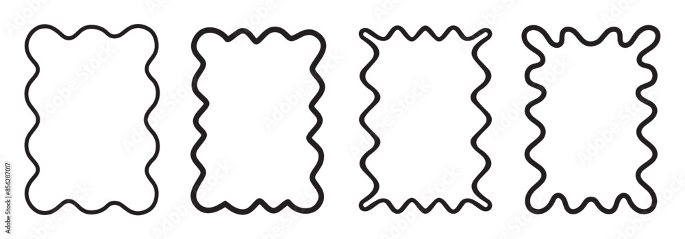 Set of rectangle frames with wavy edges. Rectangular shapes with wiggly borders. Hand drawn wavy ...