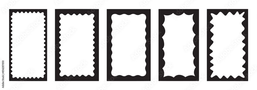 Set of rectangle frames with wavy edges. Rectangular shapes with wiggly borders. Hand drawn wavy ...