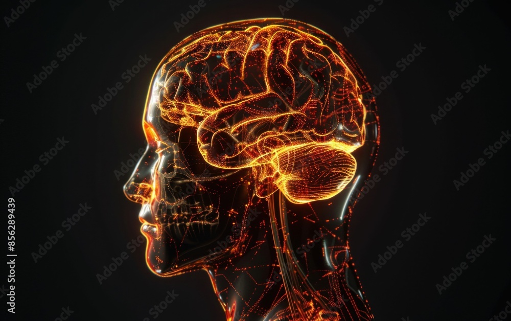X-ray of the Human Head with Glowing Brain Elements. Generative ai ...