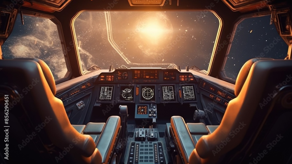 Futuristic spaceship cockpit interior with a view of space station and ...
